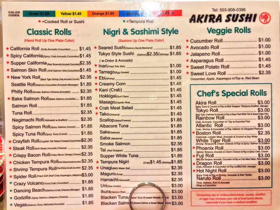 Menu at Akira Sushi restaurant, Clackamas