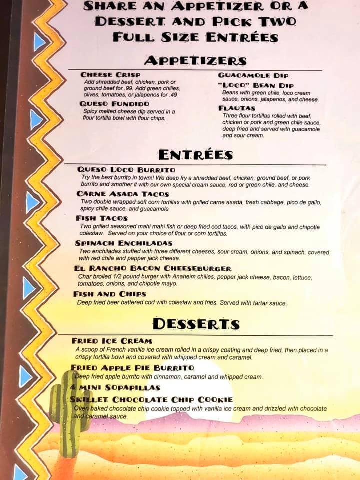 Menu at El Rancho restaurant, Payson