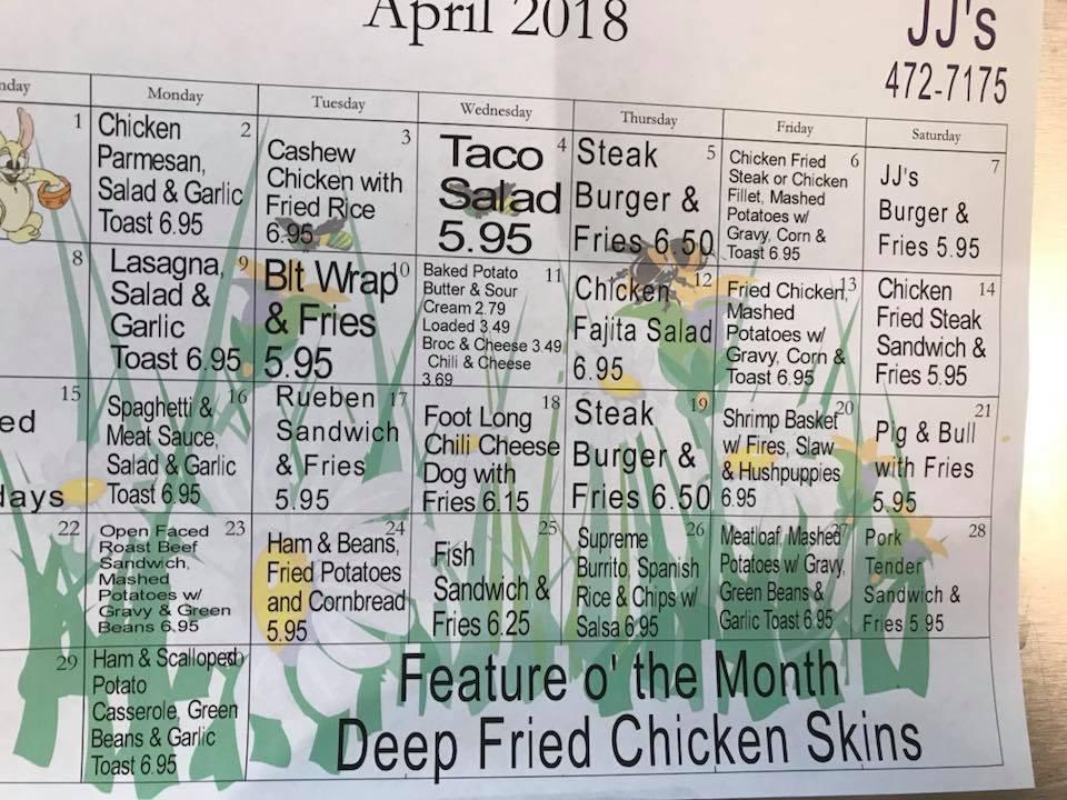 Menu at J J's Restaurant, Granby