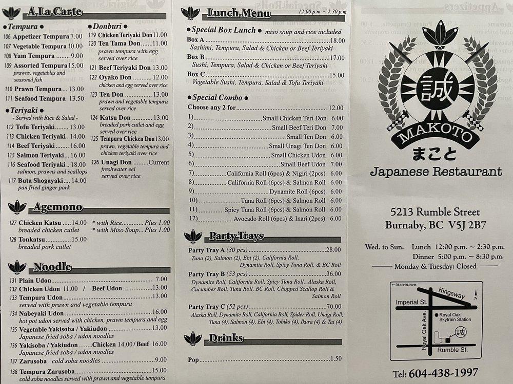 Menu at Makoto Japanese Restaurant, Burnaby