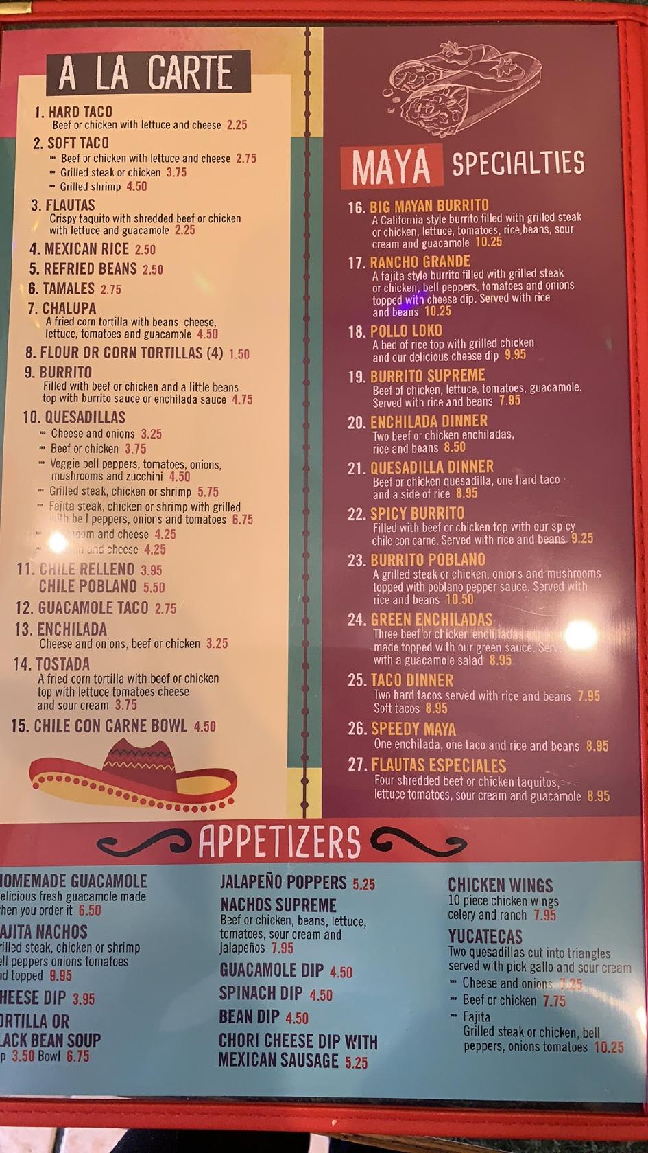 Menu at Maya Mexican Restaurant, Homewood