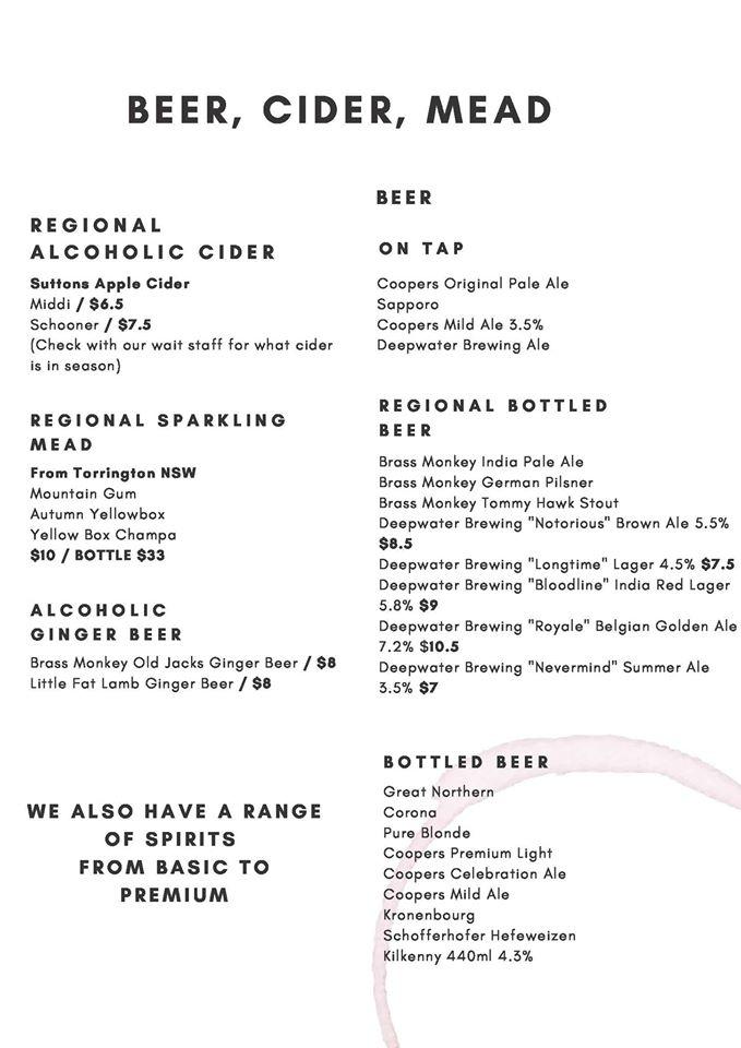 Menu at Our Place, Tenterfield