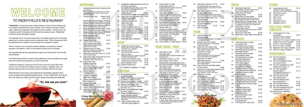 Menu at Paddyfields restaurant, Ollerton and Boughton