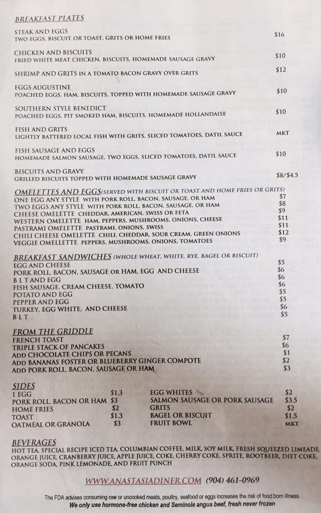 Menu at Anastasia Diner restaurant, St. Augustine