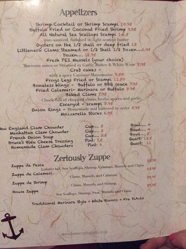 Menu at Bowery Dugout steakhouse, Kingston