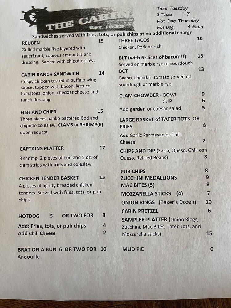 Menu at Cabin Tavern pub & bar, Shoreline