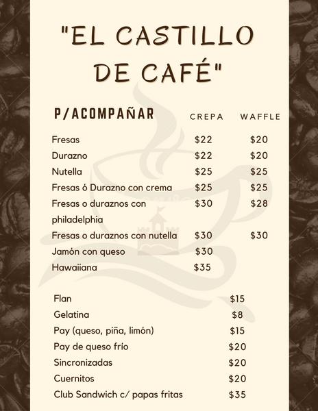 Menu at El Castillo de Café, Mexico City