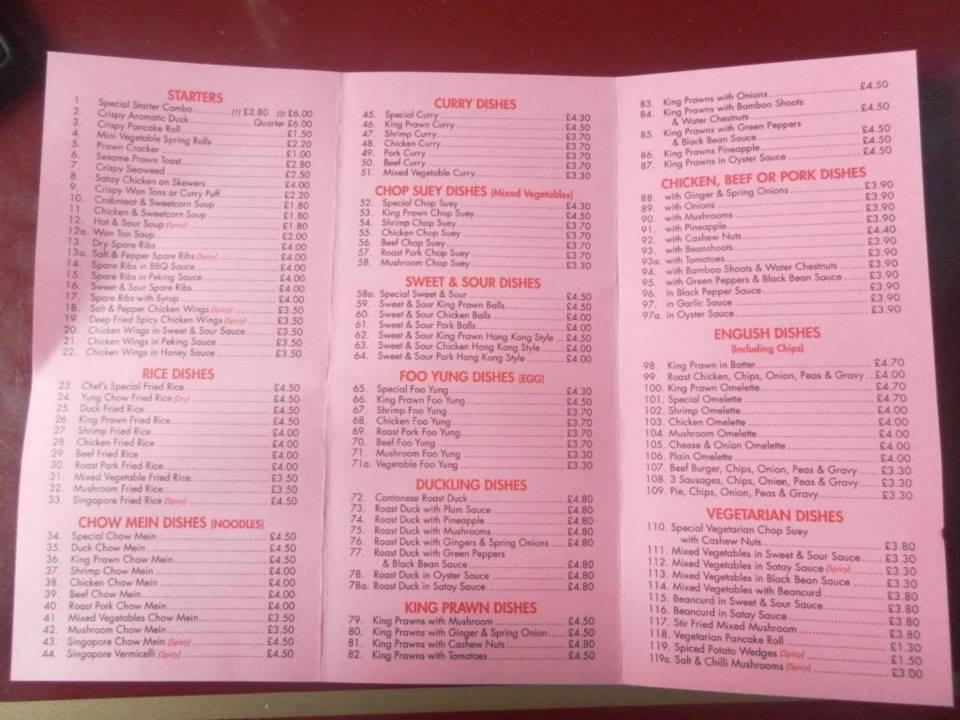 Menu at Hong Hei Chinese Takeaway fast food, Chesterfield