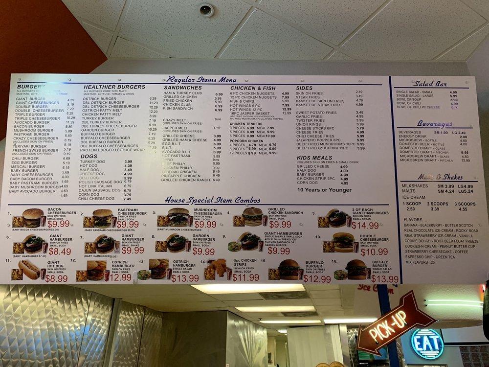 Menu at Jasper's Giant Burgers restaurant, Gold River