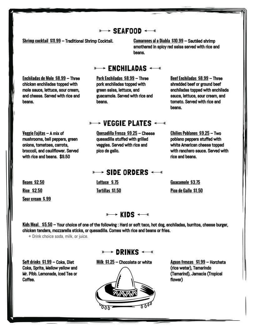 Menu at Little Mexico restaurant, Cadillac