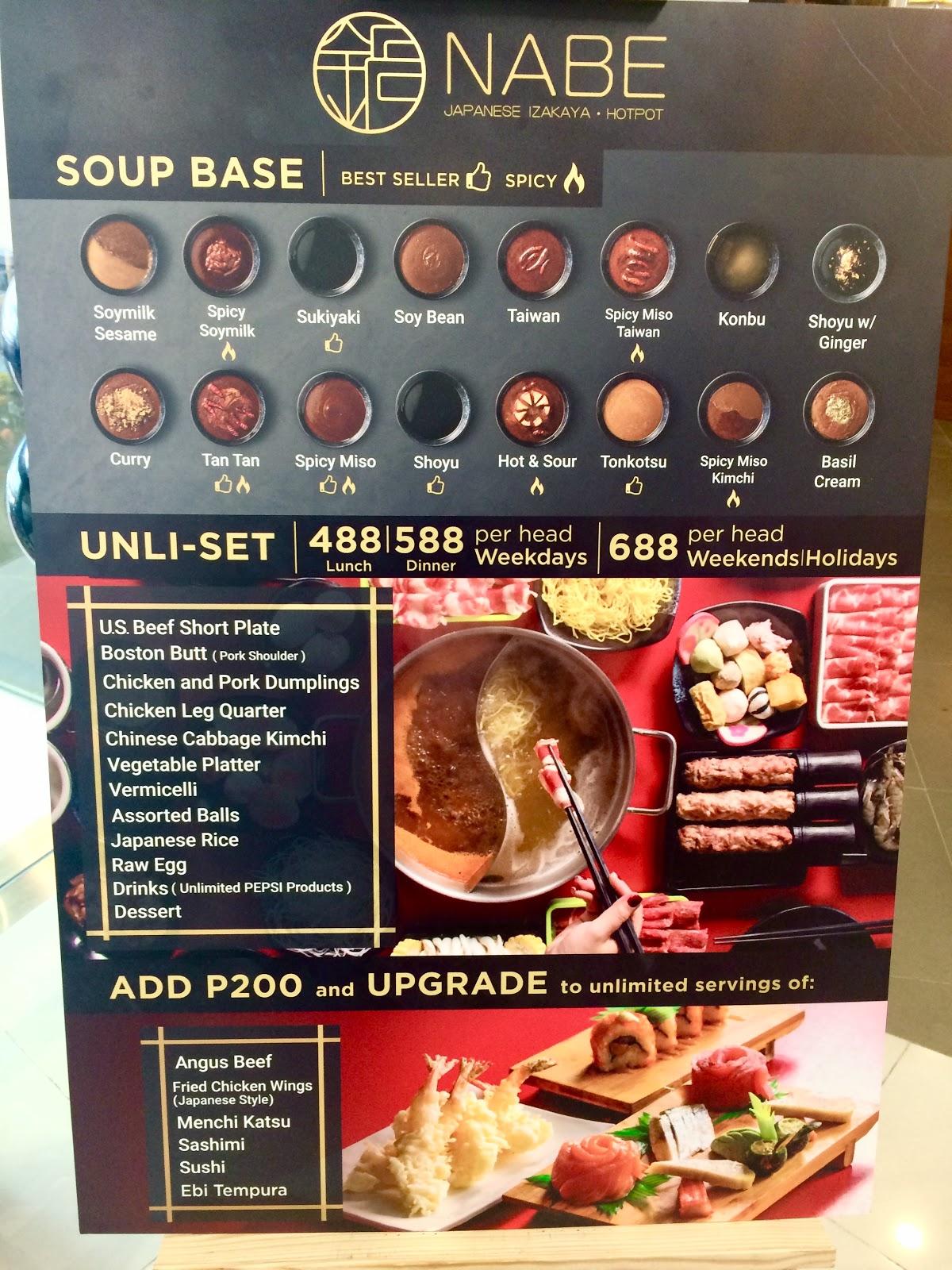 Menu at Nabe Japanese Izakaya and Hot Pot - SM City Olongapo Central ...