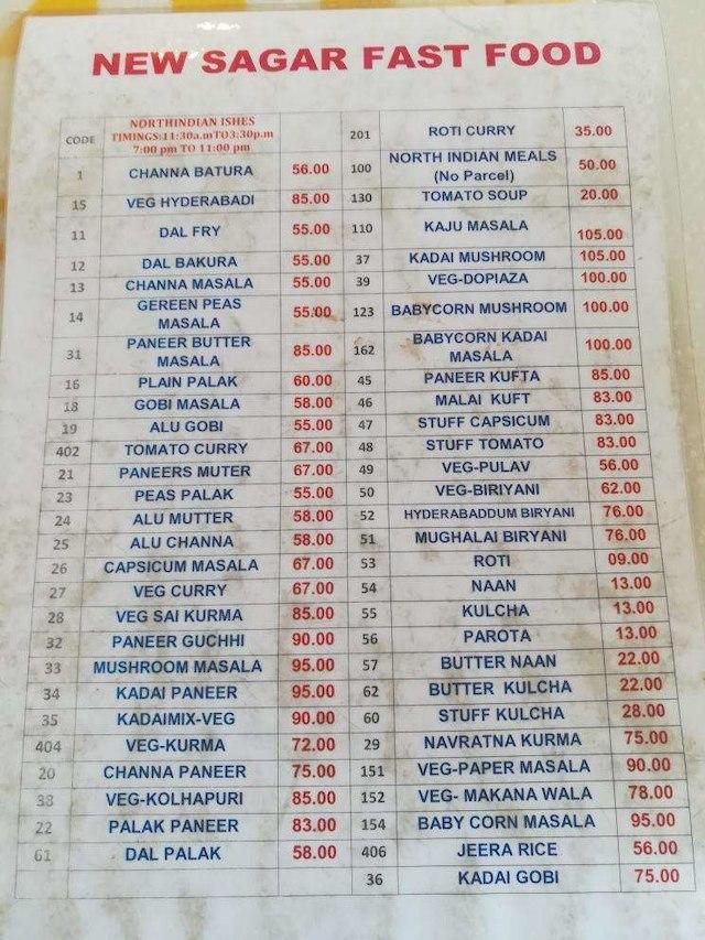 Menu at New Sagar Fast Food And Family Restaurant, Bengaluru, 2H32+M7G