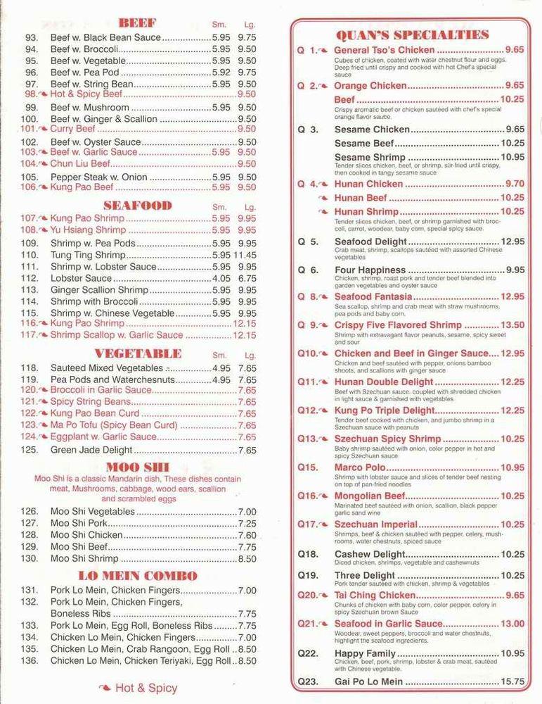 Menu at Quan Chinese Kitchen restaurant, Dennis