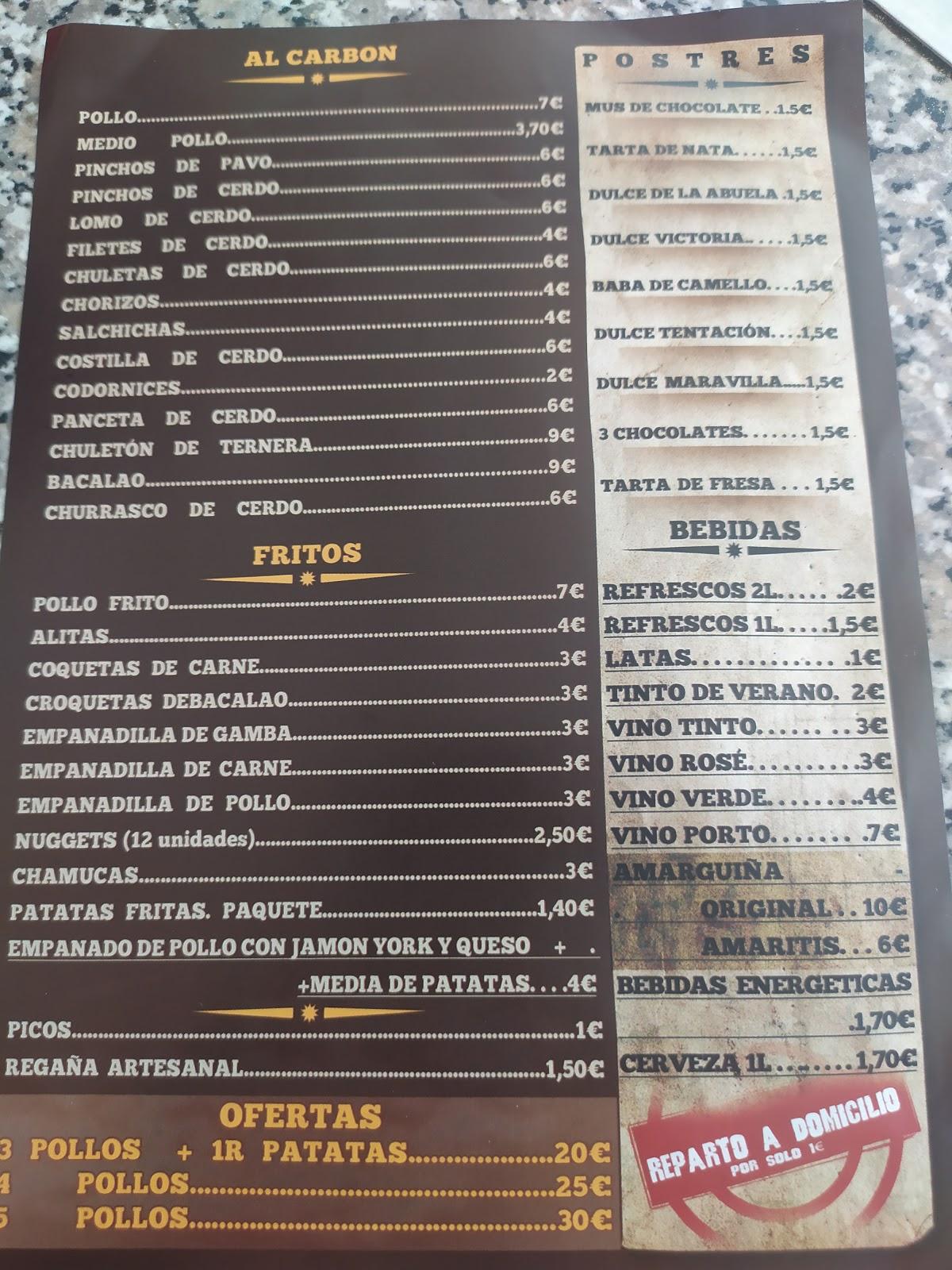 Carta del restaurante Rapid Pollo Al Carbón, Isla Cristina