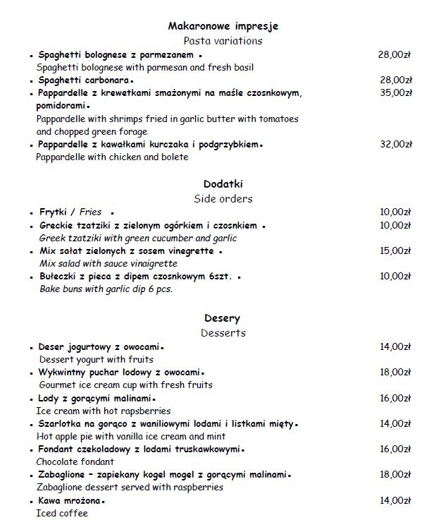 Menu at Stodoly, Rybnik
