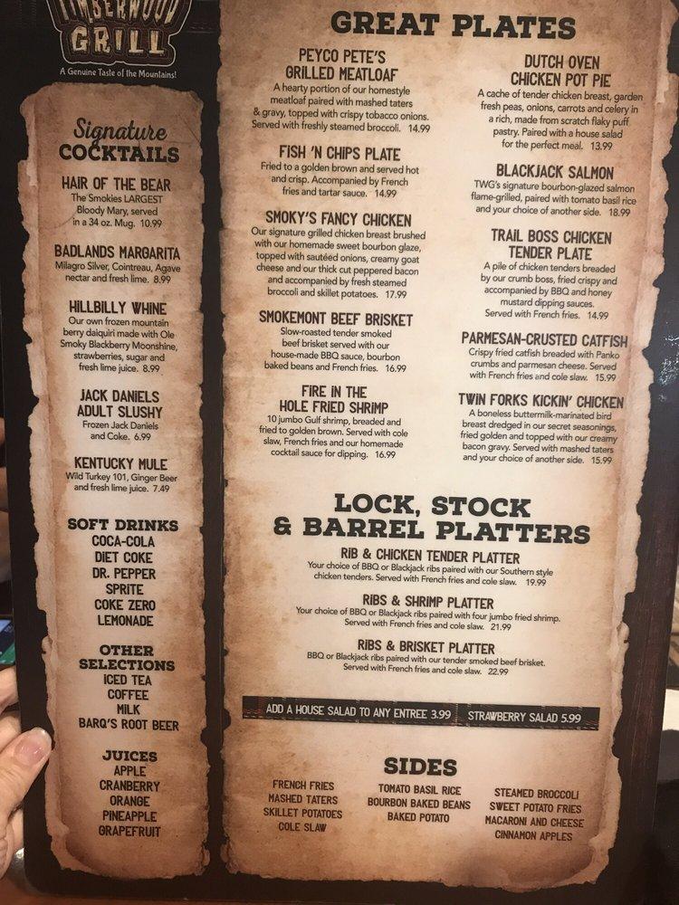 Menu at Timberwood Grill pub & bar, Pigeon Forge