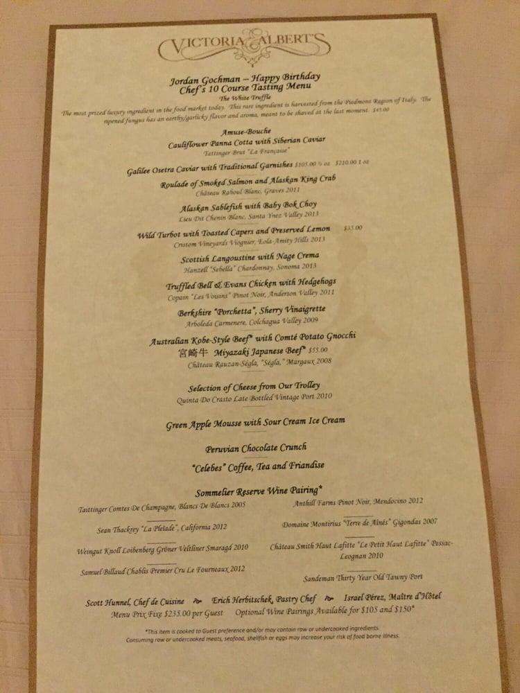 Menu at Victoria & Albert's restaurant, Orlando