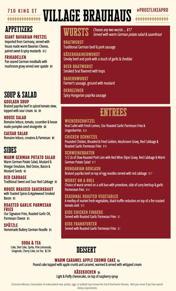 Menu at Village Brauhaus pub & bar, Alexandria