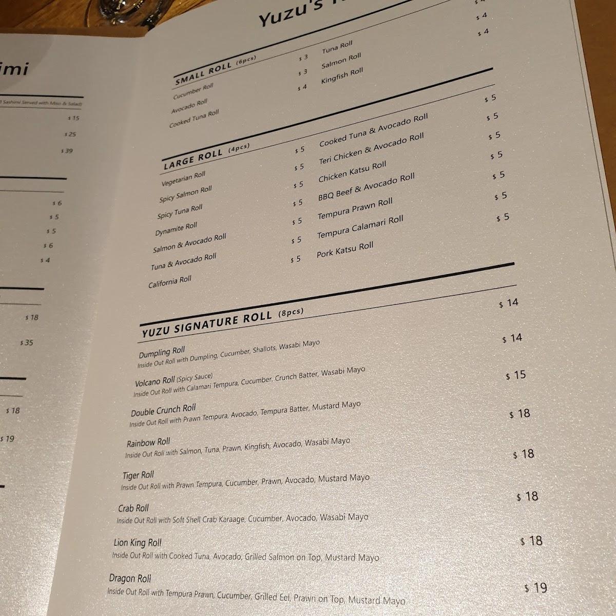 Menu at Yuzu Sushi restaurant, Newington