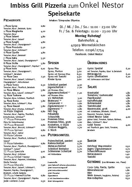 Speisekarte von Zum Onkel Nestor restaurant, Wermelskirchen