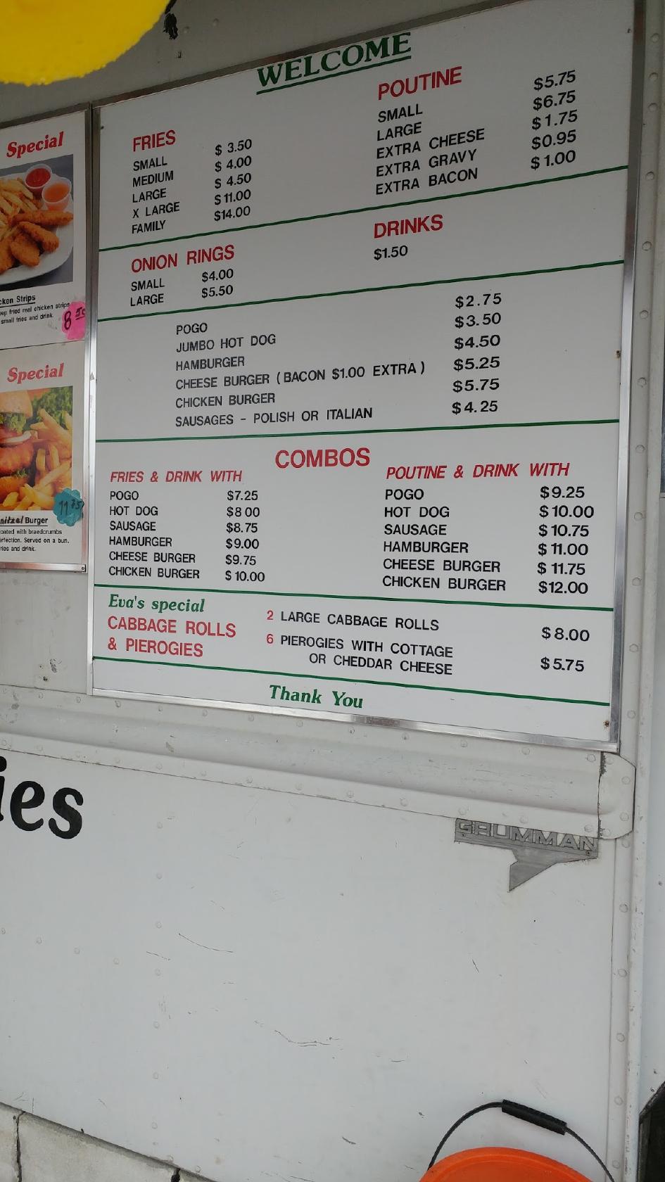 Menu at Eva's Chip Wagon restaurant, Ottawa