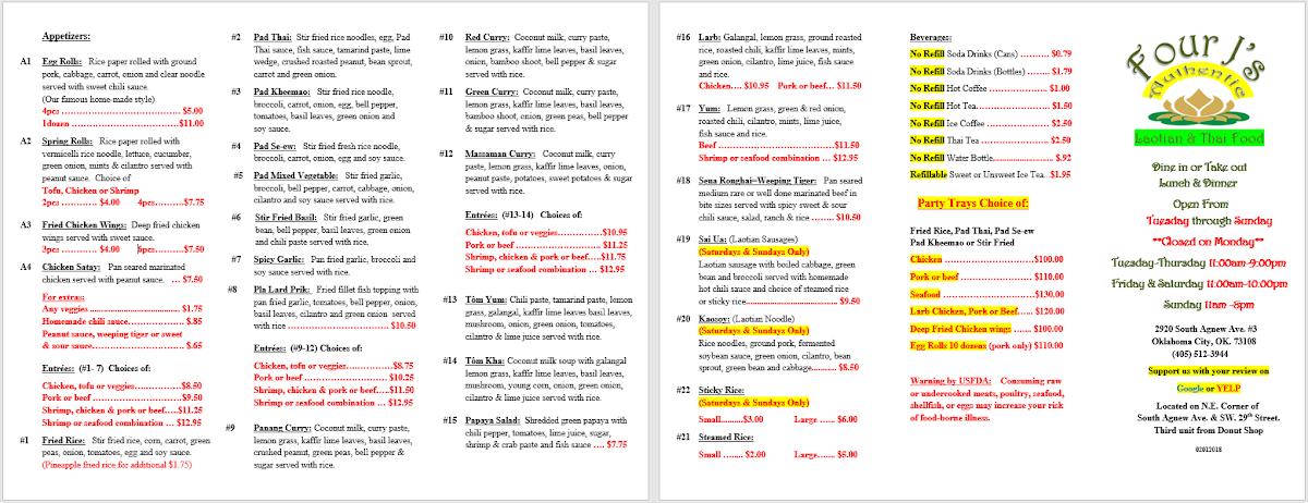Menu at Four J's (Lao/Thai Dine-In From Togo Boxes or Takeout ...