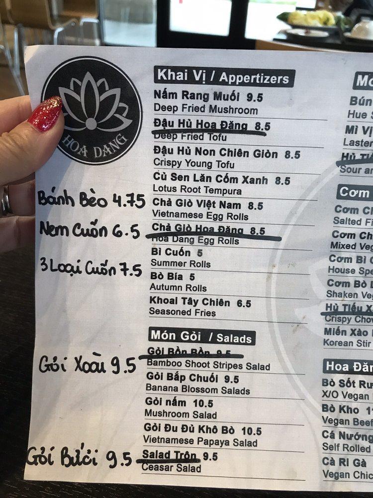 Menu at New Hoa Dang Vegetarian Restaurant, San Jose