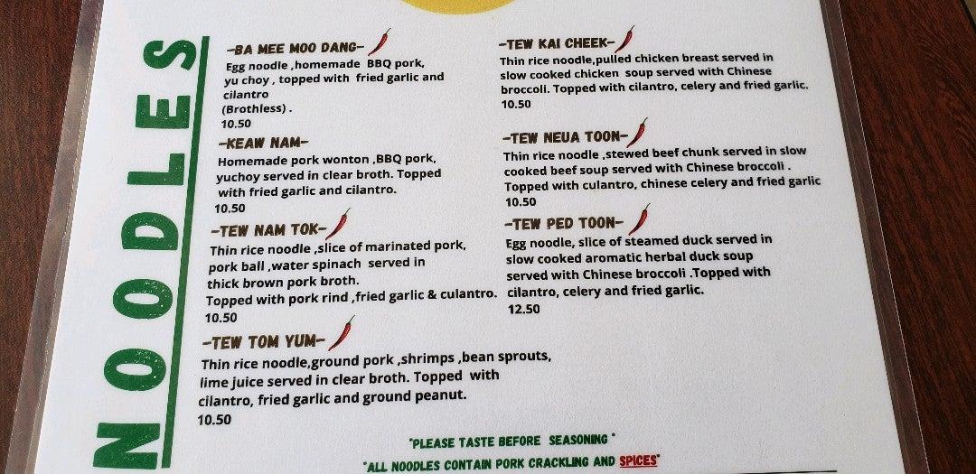 Menu at Patti's Kitchen Thai Street Noodles restaurant, Pinellas Park