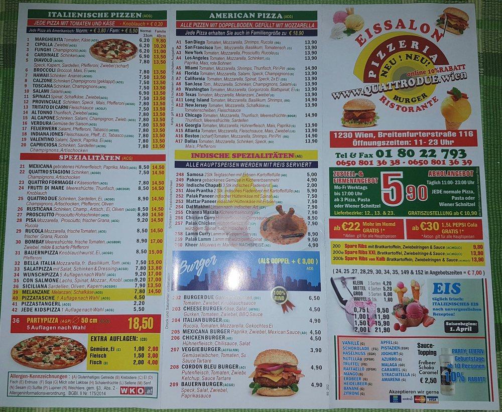 Menu at Quattro Due pizzeria, Vienna