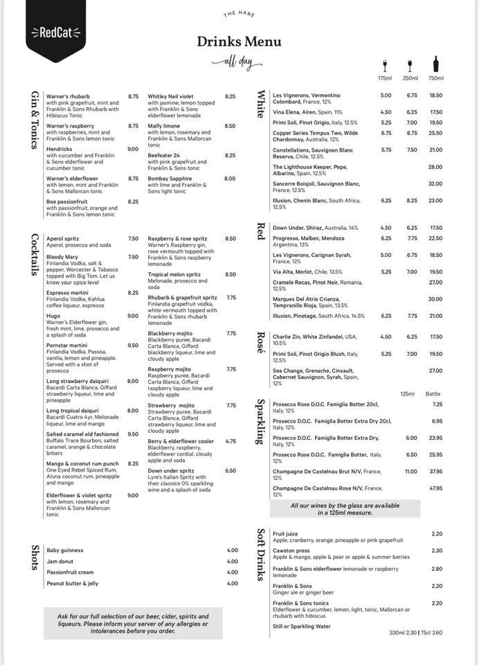 Menu at Hare - Roxwell pub & bar, Chelmsford, Bishops Stortford Rd