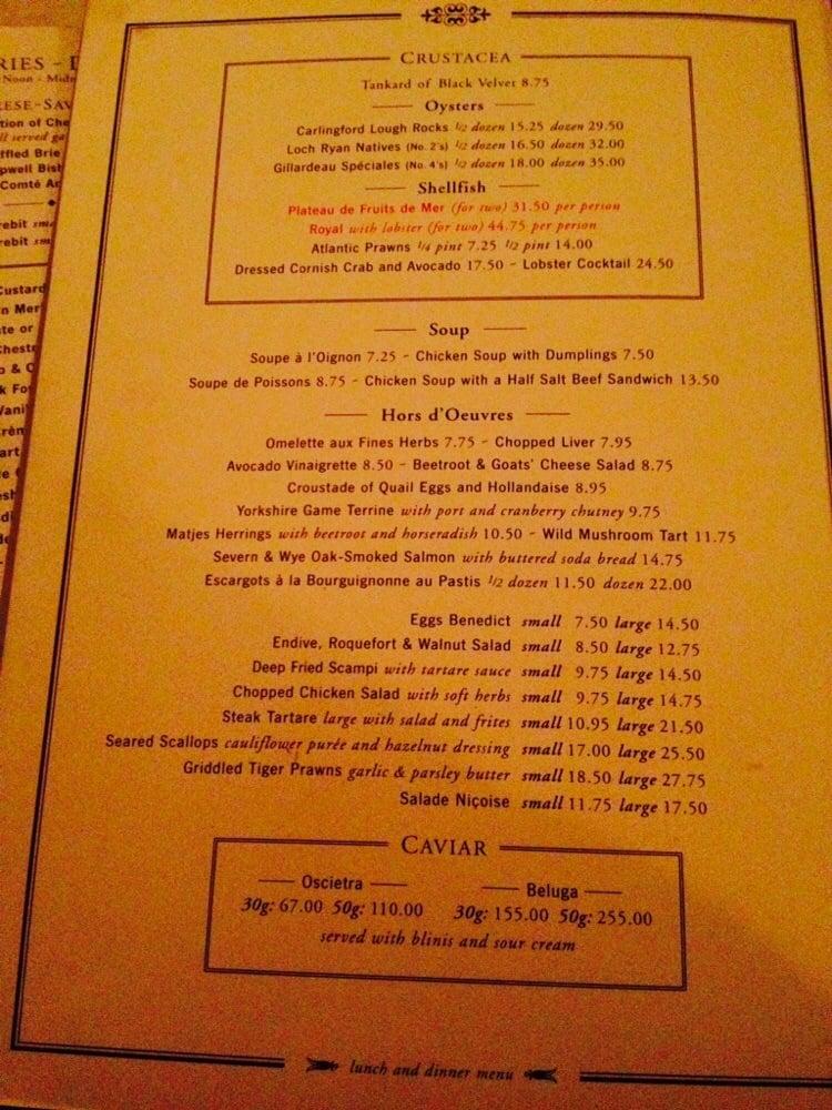 Menu at The Wolseley cafe, London