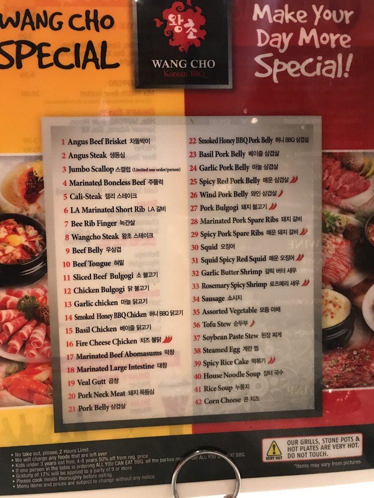 Menu at Wang Cho Korean BBQ, Riverside