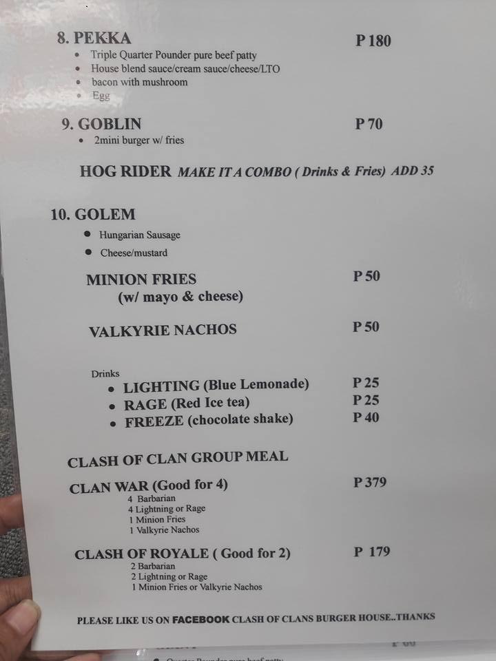Menu at Clash Of Clans gems shop restaurant, Muntinlupa