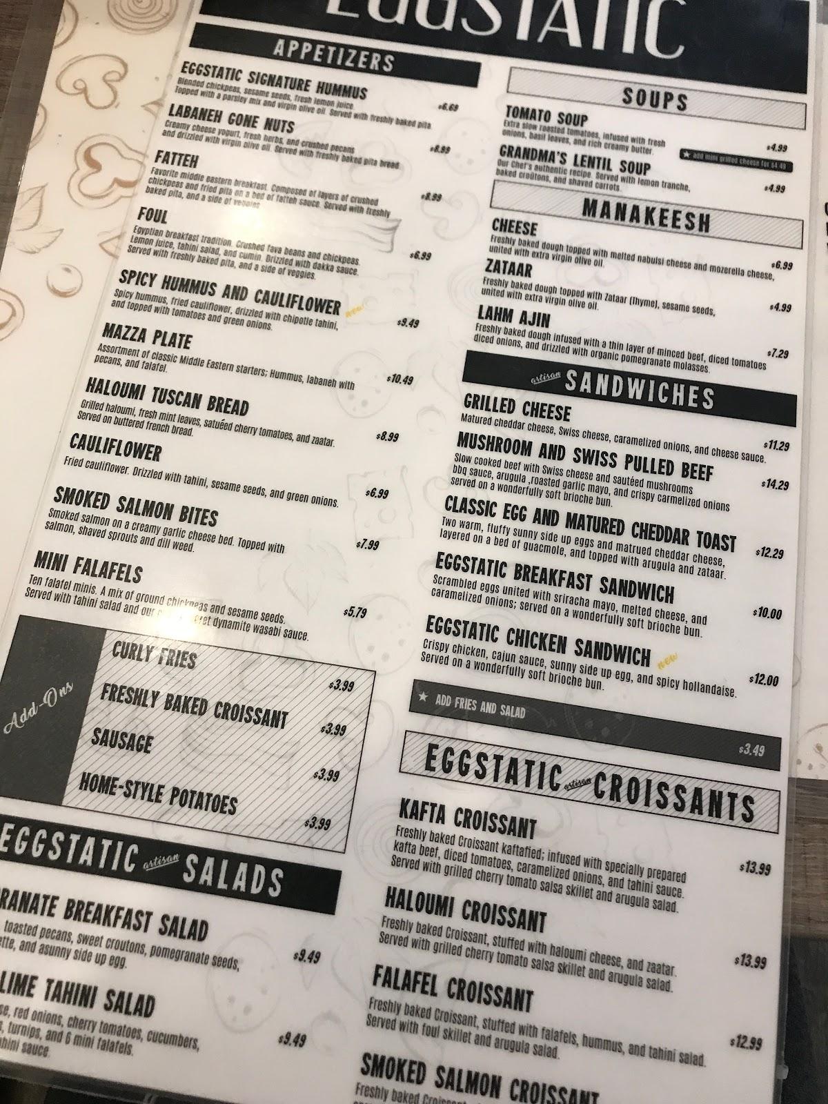 Menu at Eggstatic Toronto restaurant, Toronto