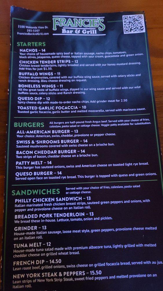Menu at Francies pub & bar, Des Moines
