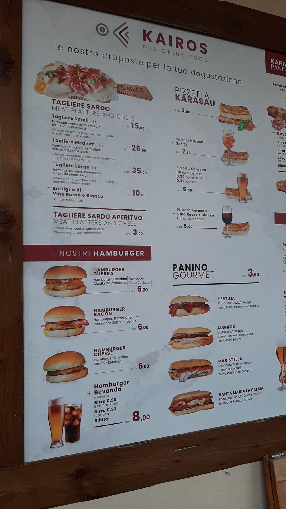 Menu da Kairos Pub, Fertilia