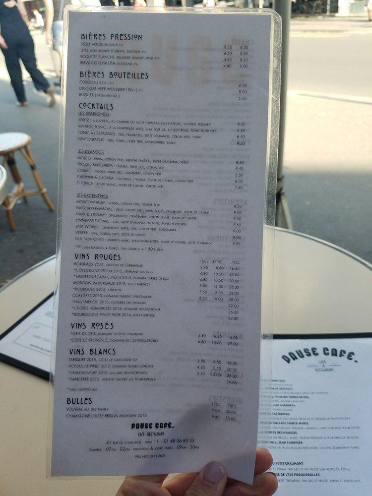 Menu at Pause Café, Paris, 41 Rue de Charonne