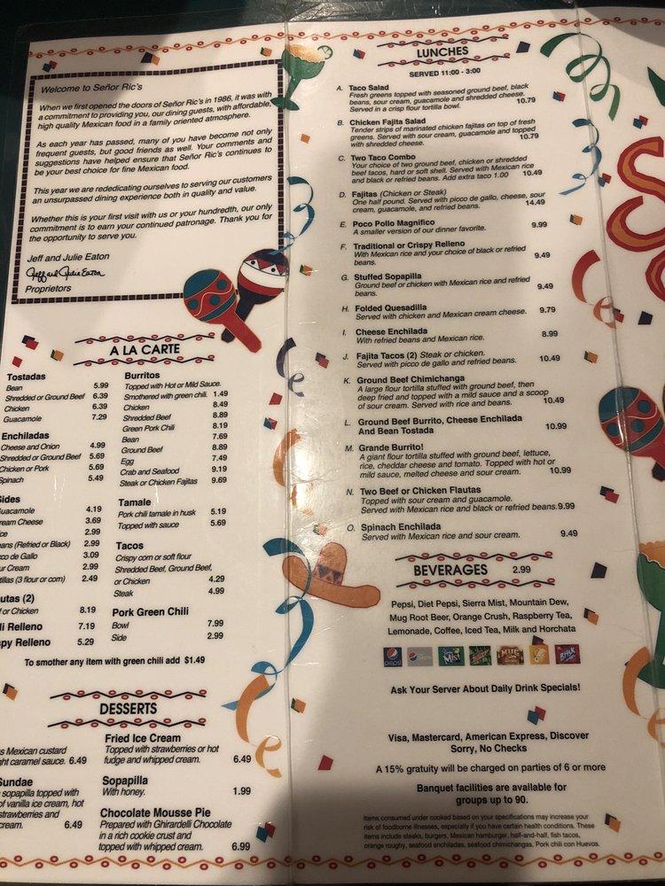 Menu at Senor Ric's Mexican Restaurant, Aurora, E Mississippi Ave