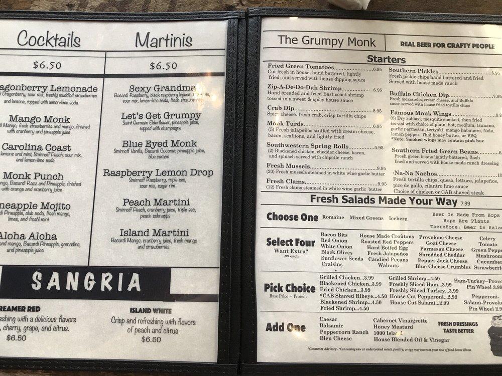 Menu at The Grumpy Monk Broadway restaurant, Myrtle Beach