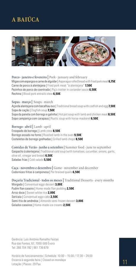 Menu em Baiuca restaurante, Evora