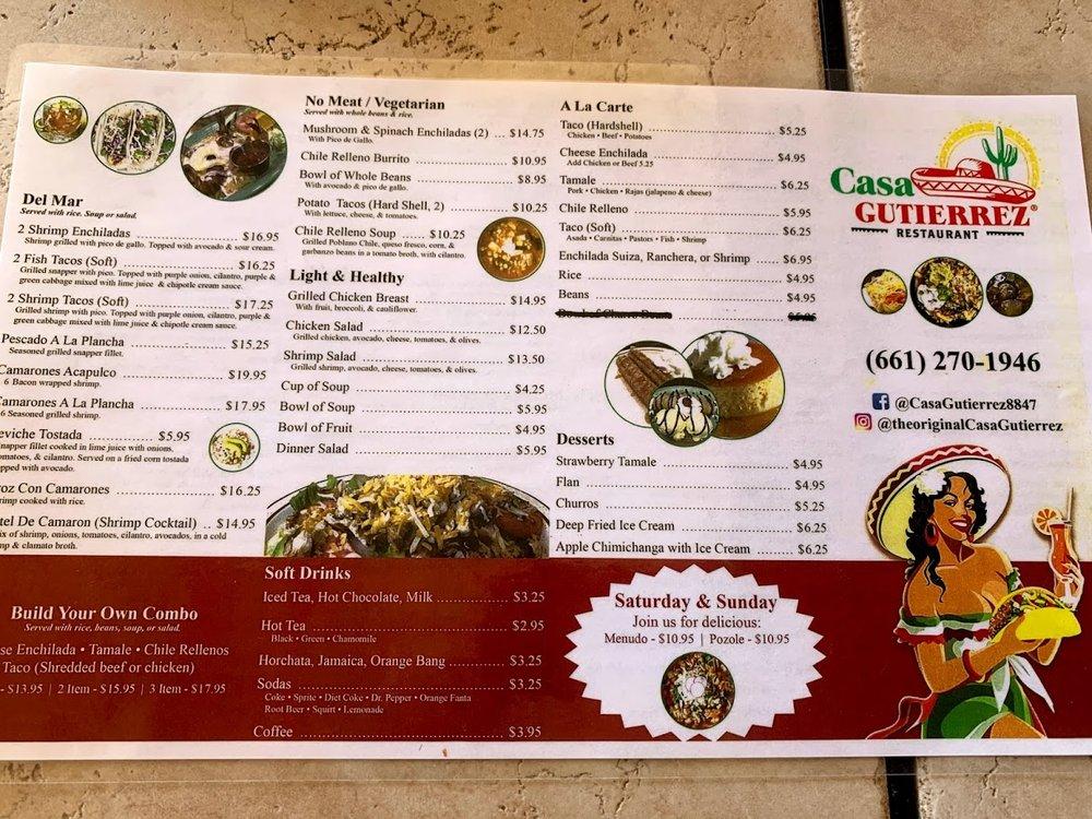 Menu at Casa Gutierrez restaurant, Leona Valley, Elizabeth Lake Rd