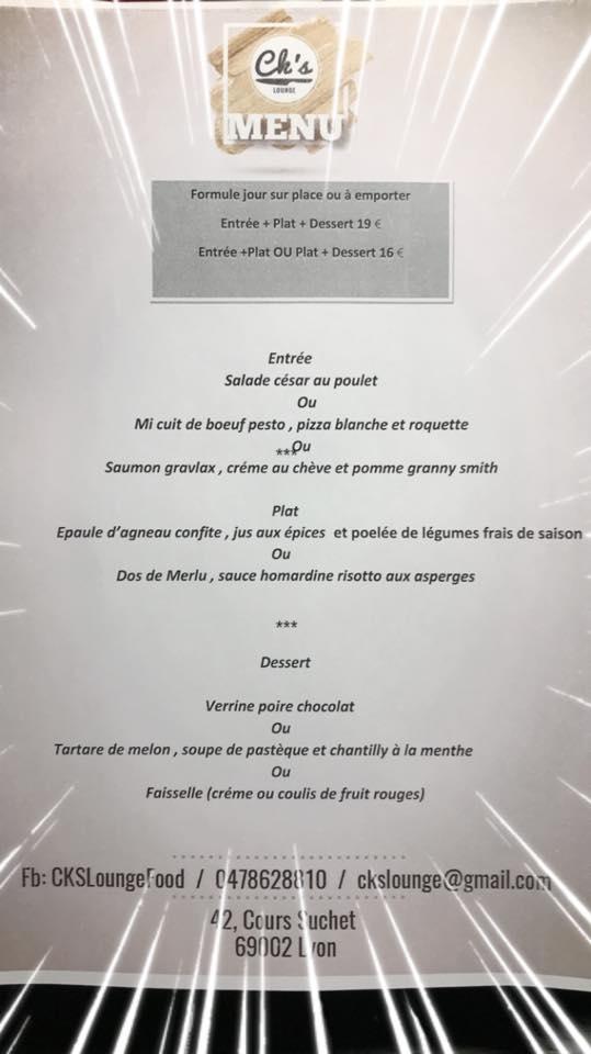 Menu at Ck’s Lounge restaurant, Lyon