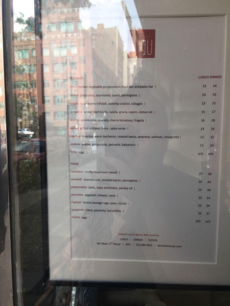 Menu at da Umberto restaurant, New York City