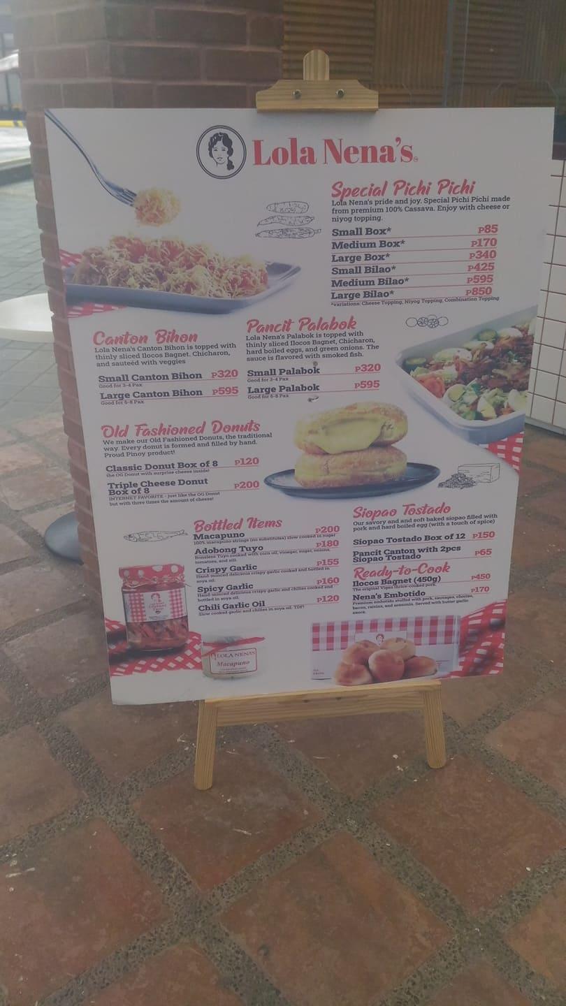 Menu at Lola Nena's Granada restaurant, Quezon City