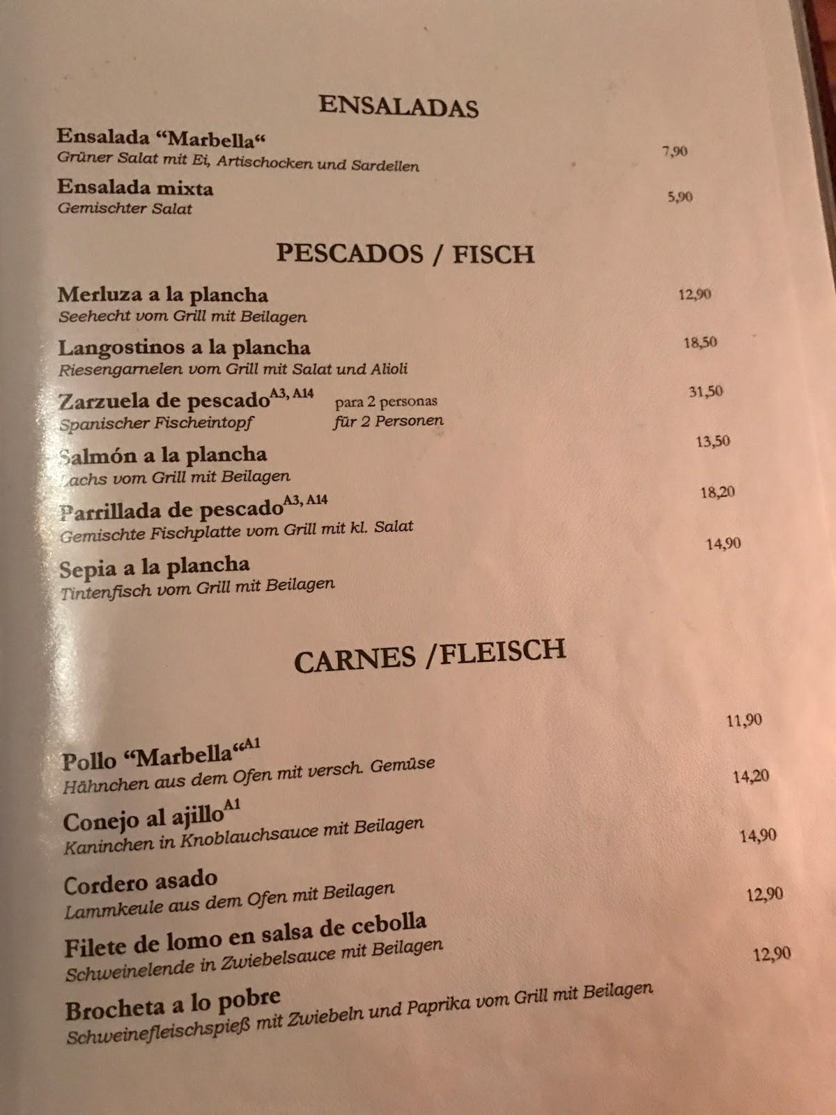 Menu at Marbella Restaurant, Munich