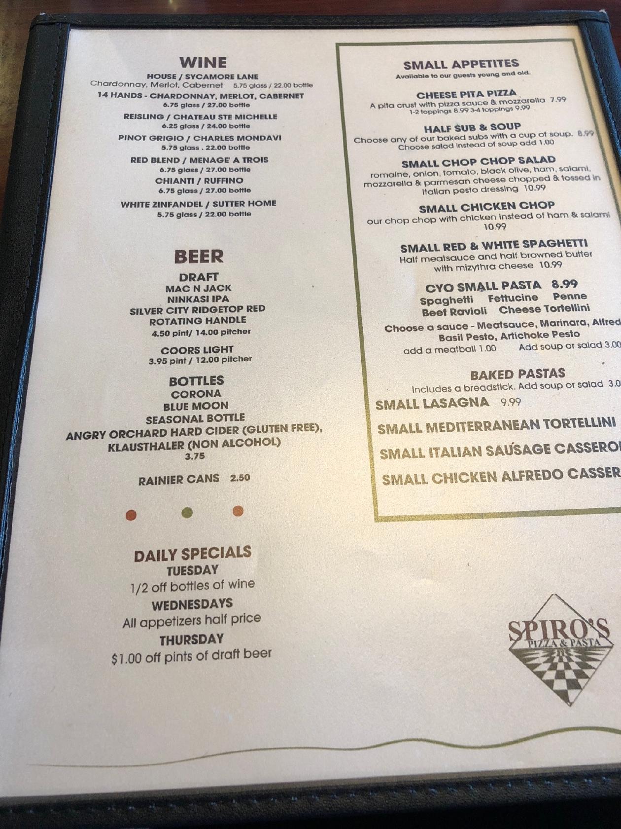 Menu at Spiro's Pizza & Pasta pizzeria, Bremerton