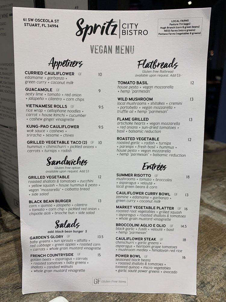 Menu at Spritz City Bistro restaurant, Stuart