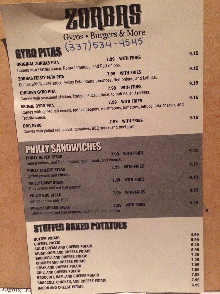 Carta del restaurante Zorbas, Lafayette