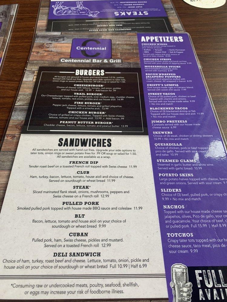 Menu at Centennial Bar and Grill, Arlington