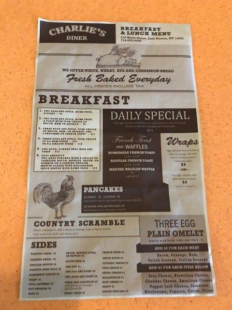 Menu at Charlie's Diner restaurant, East Aurora